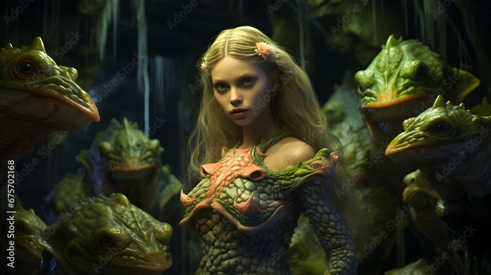 A blond woman stands in front of a gathering of reptilian lizards ...