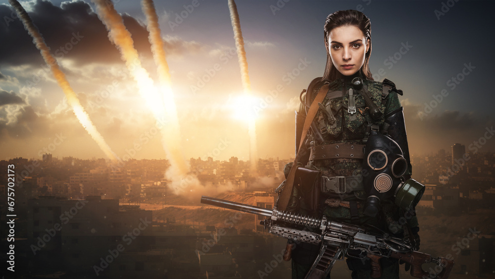 Female soldier in military uniform striking a pose against the backdrop ...
