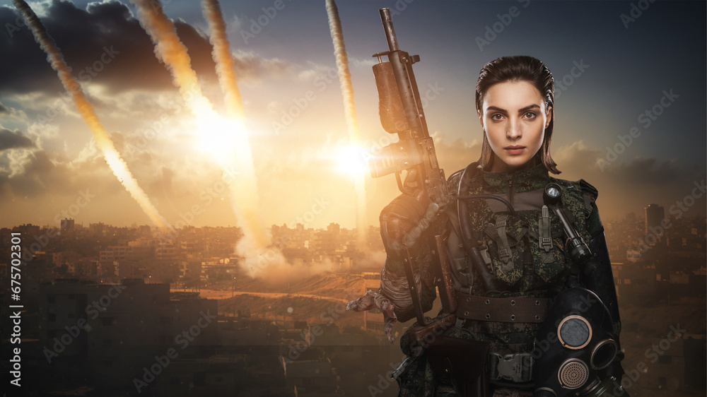 Female soldier in military uniform striking a pose against the backdrop ...
