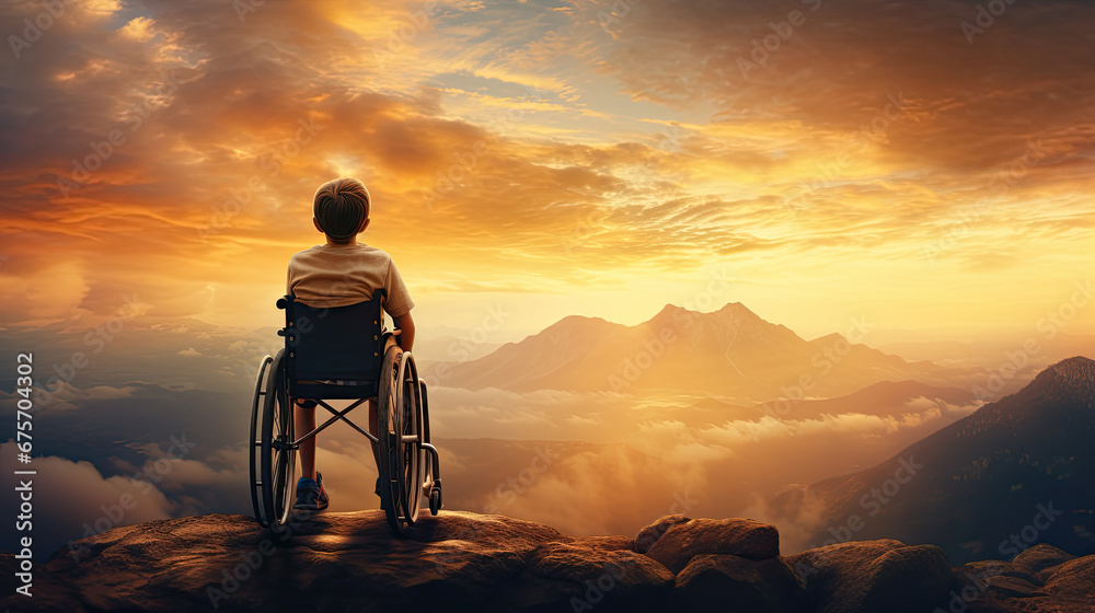 young child in wheelchair standing on mountain top at sunset,Overcoming ...