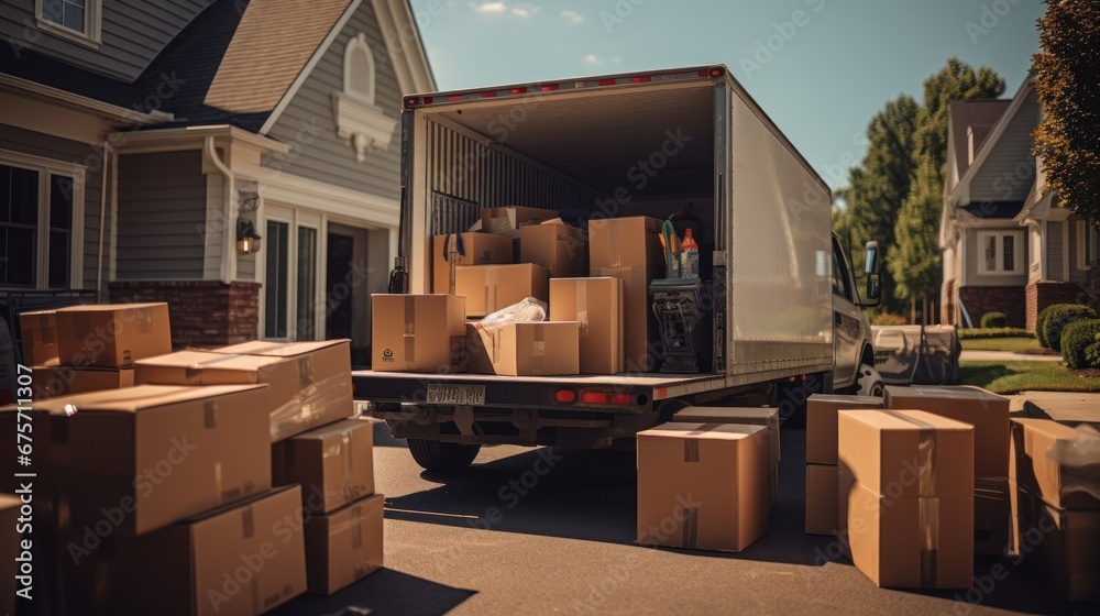 An open moving truck filled with cardboard boxes in the driveway of a ...