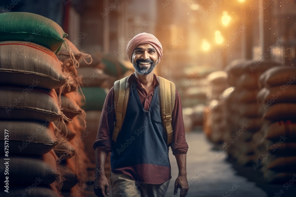 Indian farmer carrying sack. Man take sack sunset agriculture produce ...