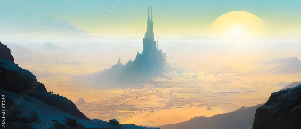 futuristic world covered in sand. alien planet shrouded in mystery ...