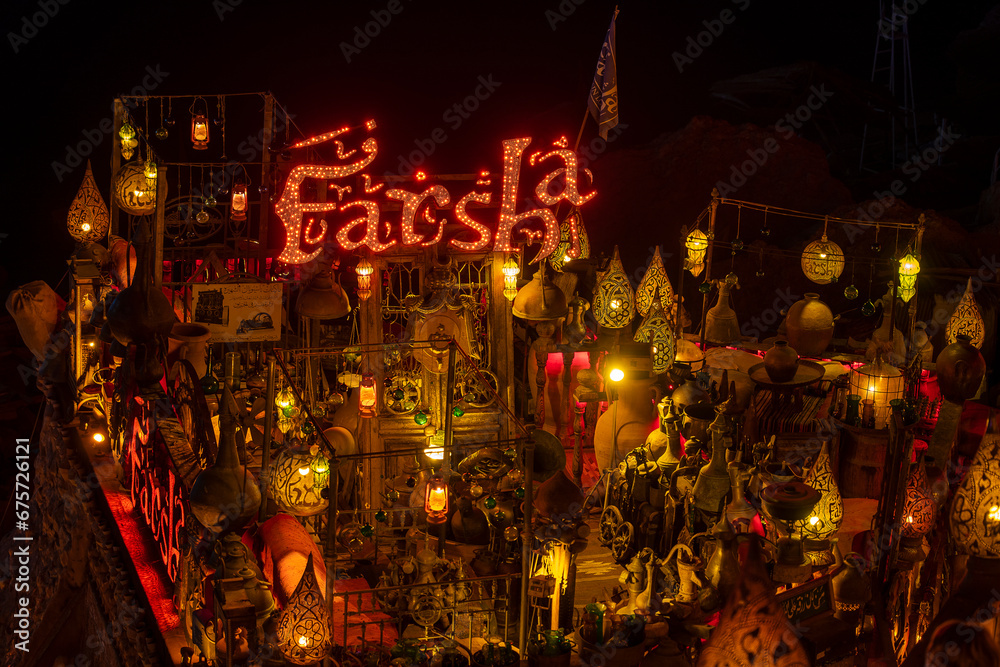 Street cafe Farsha with original design in arabic style at night, Sharm ...