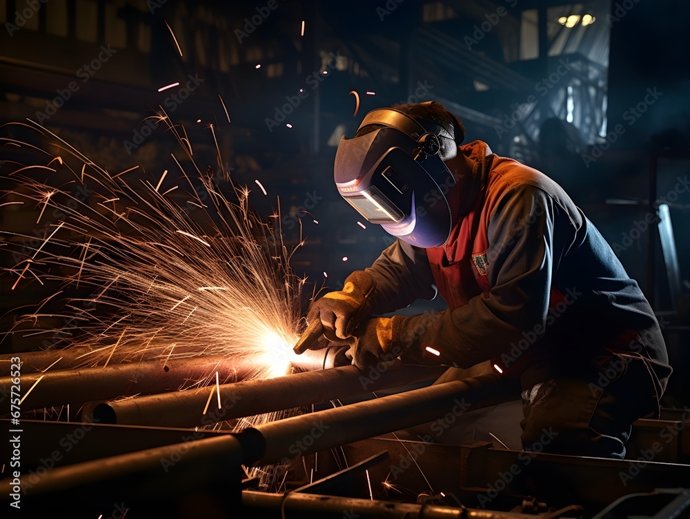 A welding specialist with sparks flying from the welding torch while ...