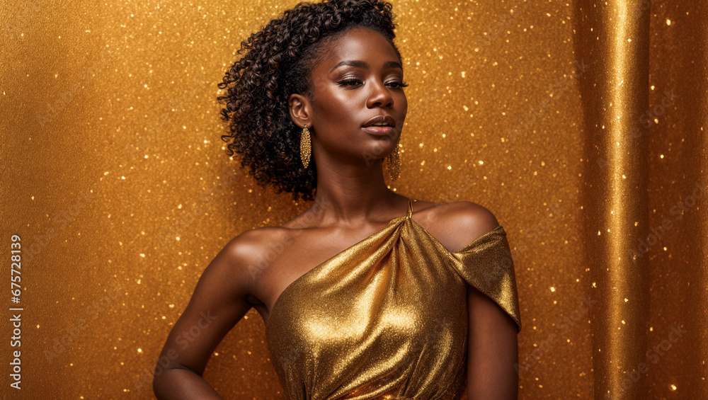 Fictitious. African American woman in gold on golden sparkling ...