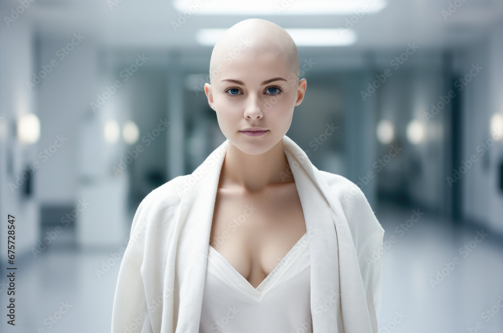 Portrait of a woman patient with shaved head after chemotherapy looking ...
