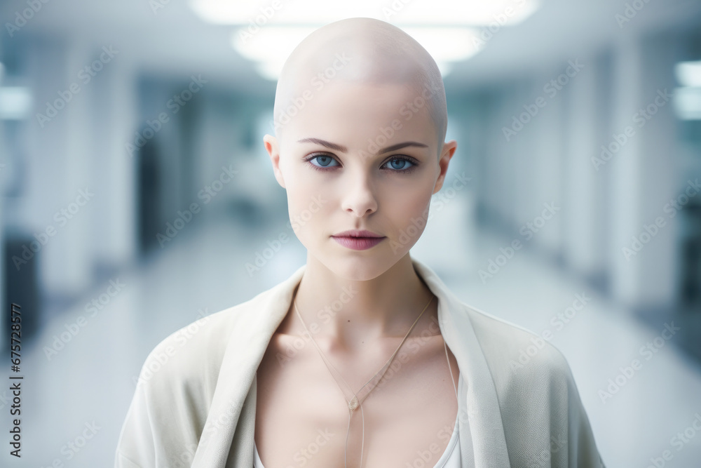 Portrait of a woman patient with shaved head after chemotherapy looking ...