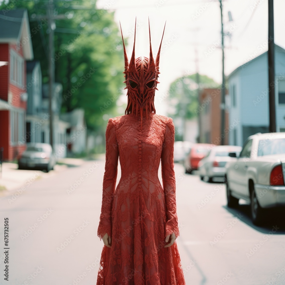 AI art. A woman wearing completely crimson weird costume. A weird, odd ...