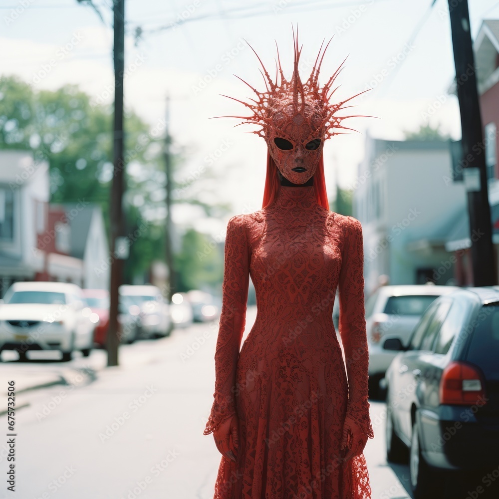 A woman wearing completely red weird costume. A weird, odd look. A ...