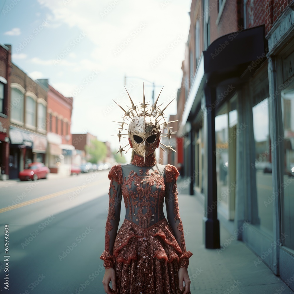 A portrait of a woman wearing a fancy dress and a weird face mask ...