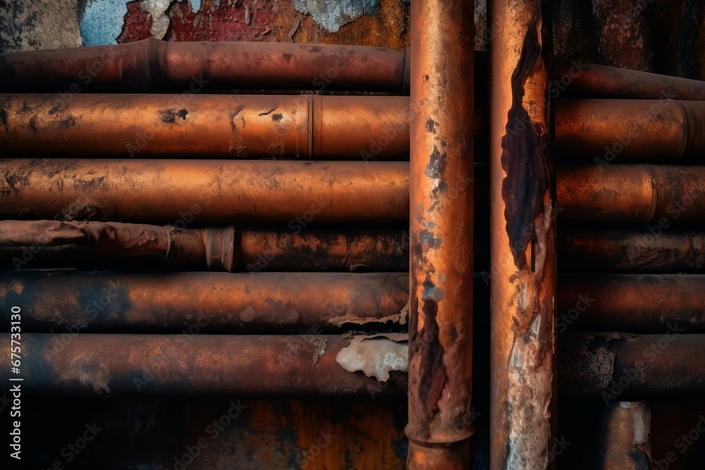 Stack of rusty orange pipes. Old rusted steel industrial pipelines ...