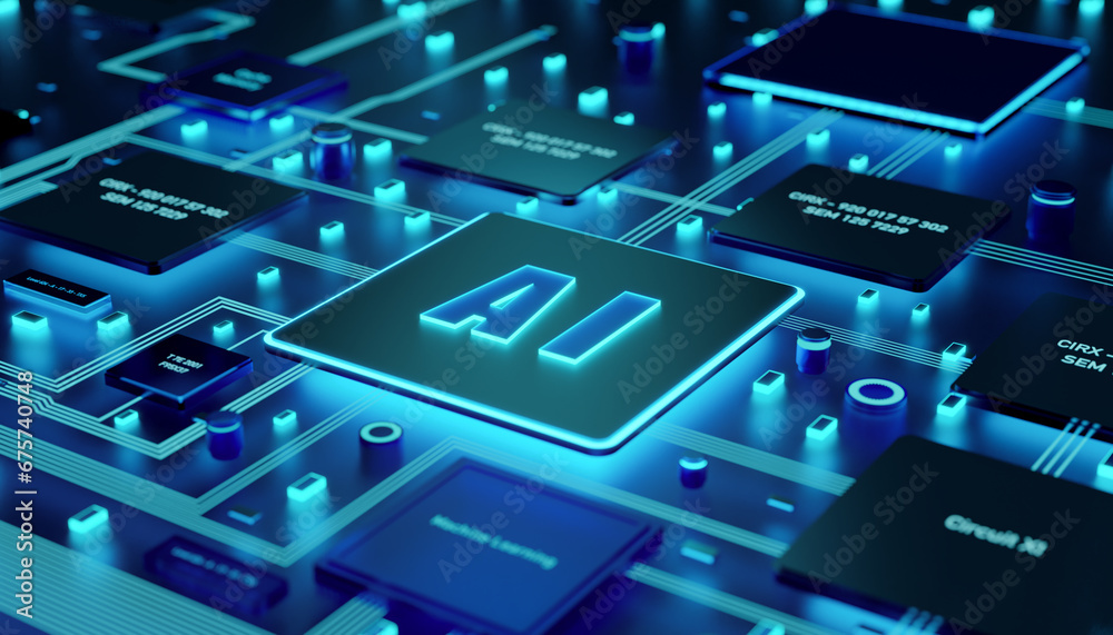 Blue illuminated AI processor. Artificial intelligence processing unit ...