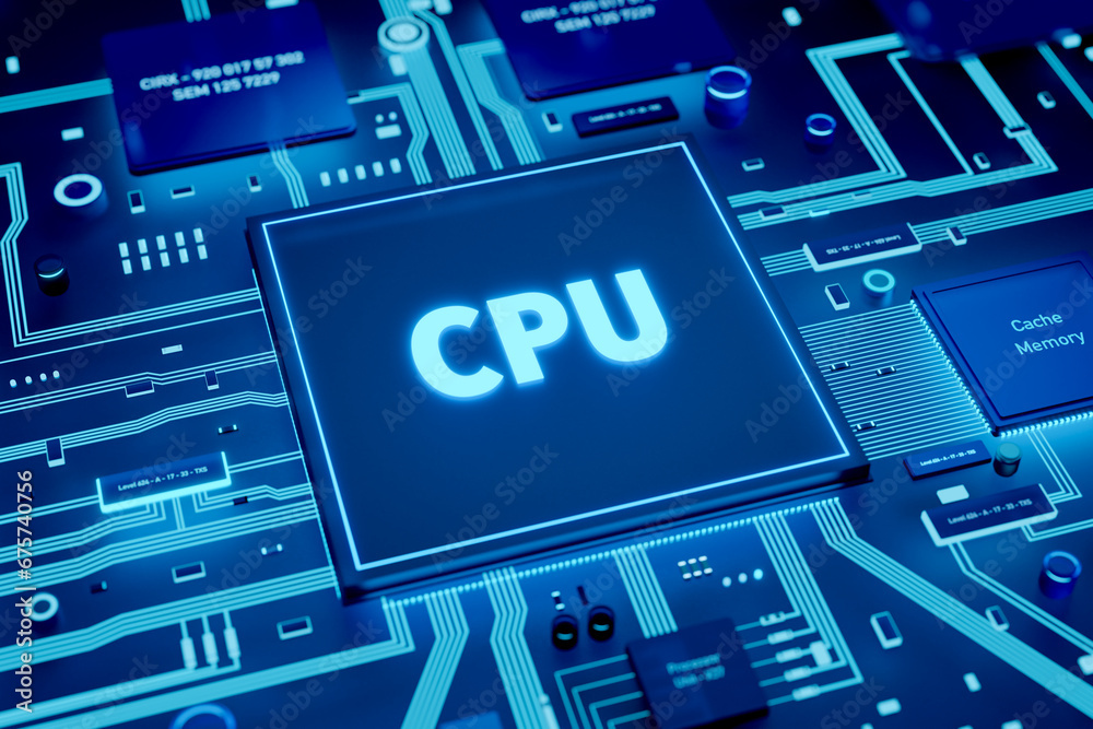 Blue illuminated CPU on the computer motherboard. Main processor ...