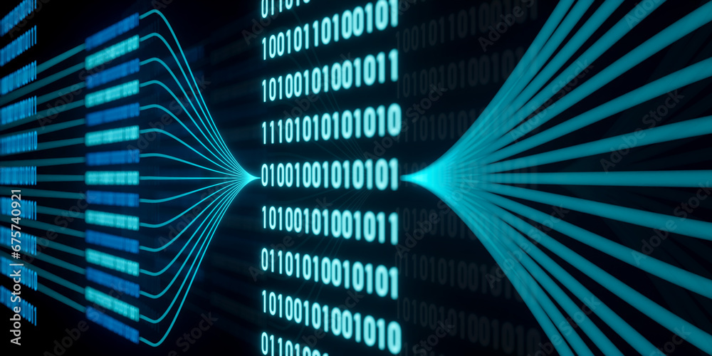 Binary flow chart with zero and one. Blue illuminated lines ...