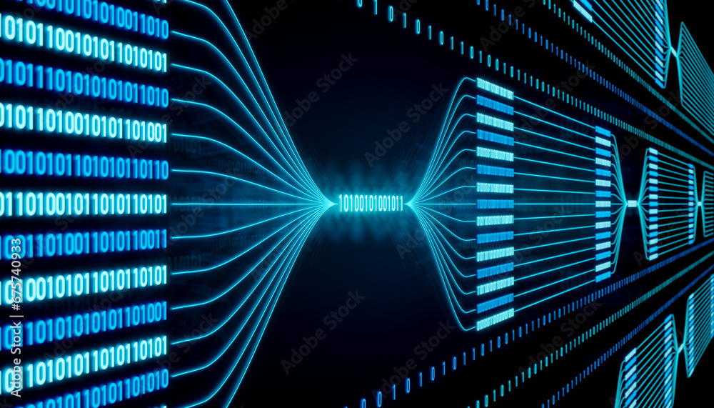 Binary flow chart with zero and one. Blue illuminated lines ...