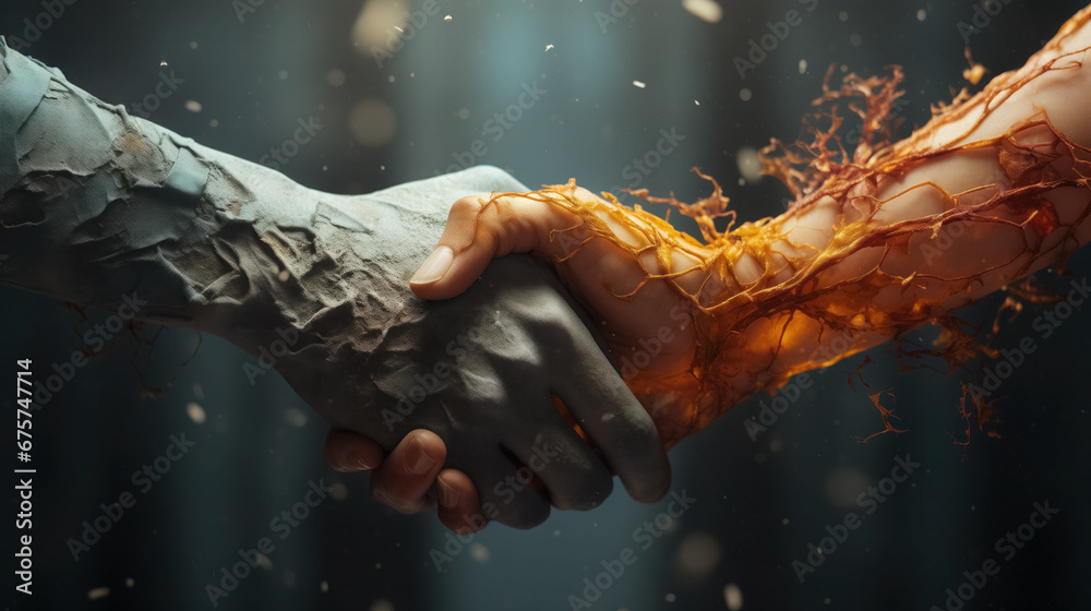 Two hands clasping in unity, one fiery and one stone-like, symbolic ...
