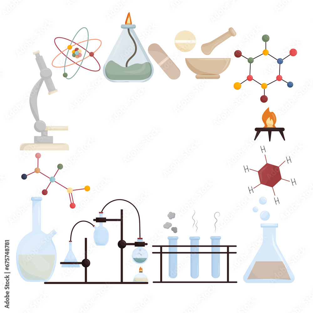 School science frame illustration, chemistry supplies clipart set ...