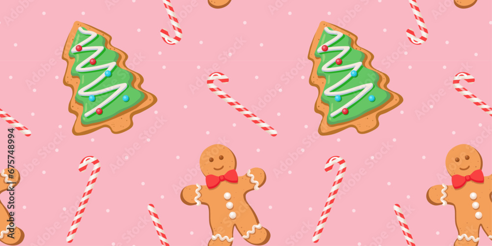 Christmas pattern ,gingerbread man, Christmas tree, wrapped paper, pink ...