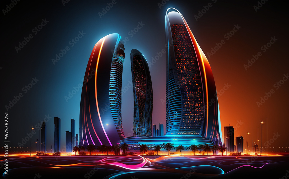 Futuristic Abu Dhabi Cityscape, Neon Lights, city skyline at night ...