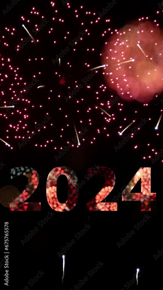 4K vertical. loop seamless of firework of year 2024 greeting during new ...