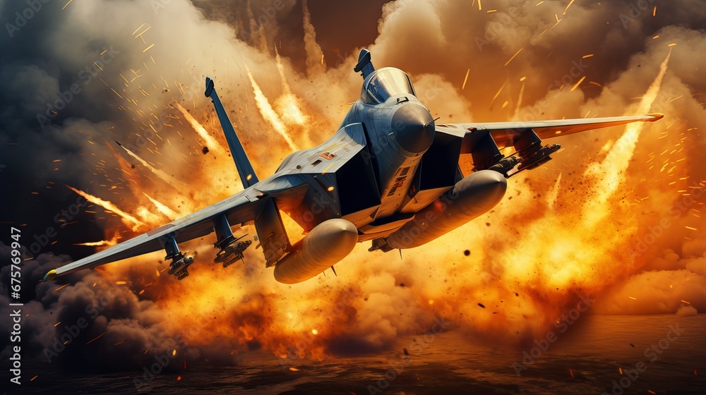 Fighter Airjet in the sky with explosion background. Aircraft at war ...