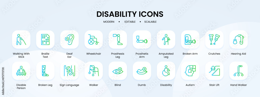Disability icon collection with blue and green gradient outline style ...
