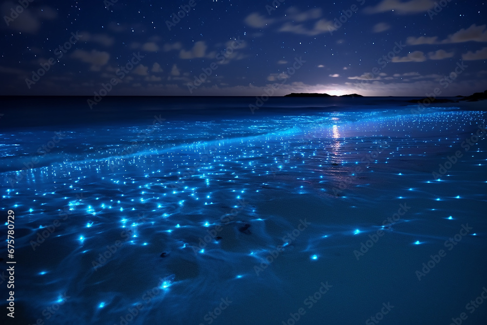 Long exposure shot of glowing plankton on the beach and milky way on ...