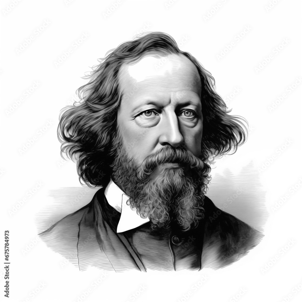 Black and white vintage engraving, headshot portrait of Lord Alfred ...