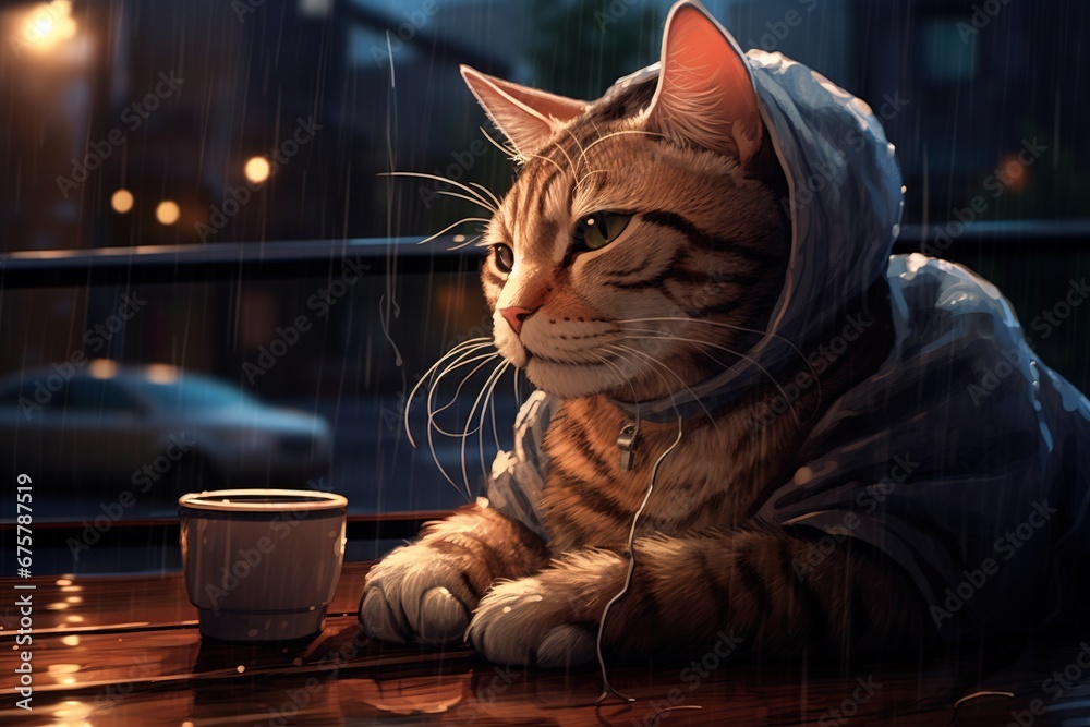 A charming scene of acat with headphones on, perched comfortably on a ...