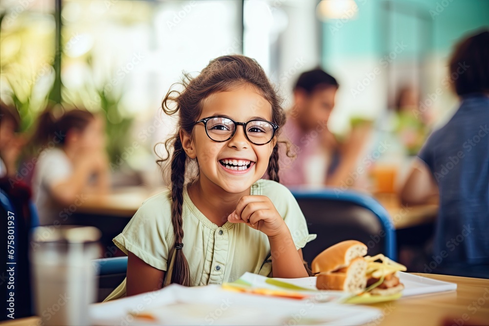 Adorable girl having lunch in the school canteen, enjoying a delicious ...