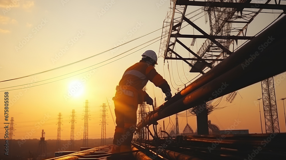 Electrical workers are repairing transmission lines Stock Photo | Adobe ...