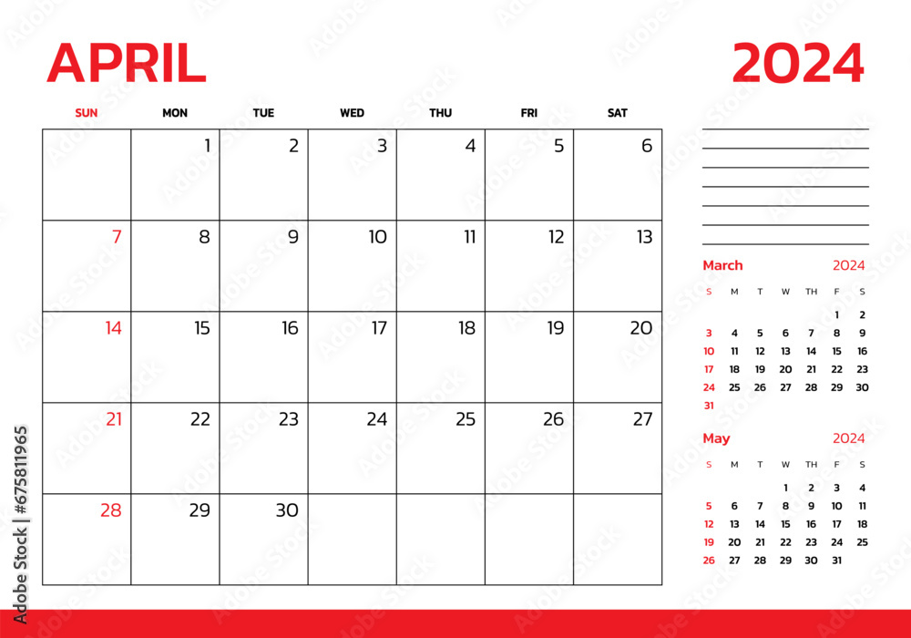April 2024 Calendar. Week start on Sunday. Desk calendar 2024 design ...