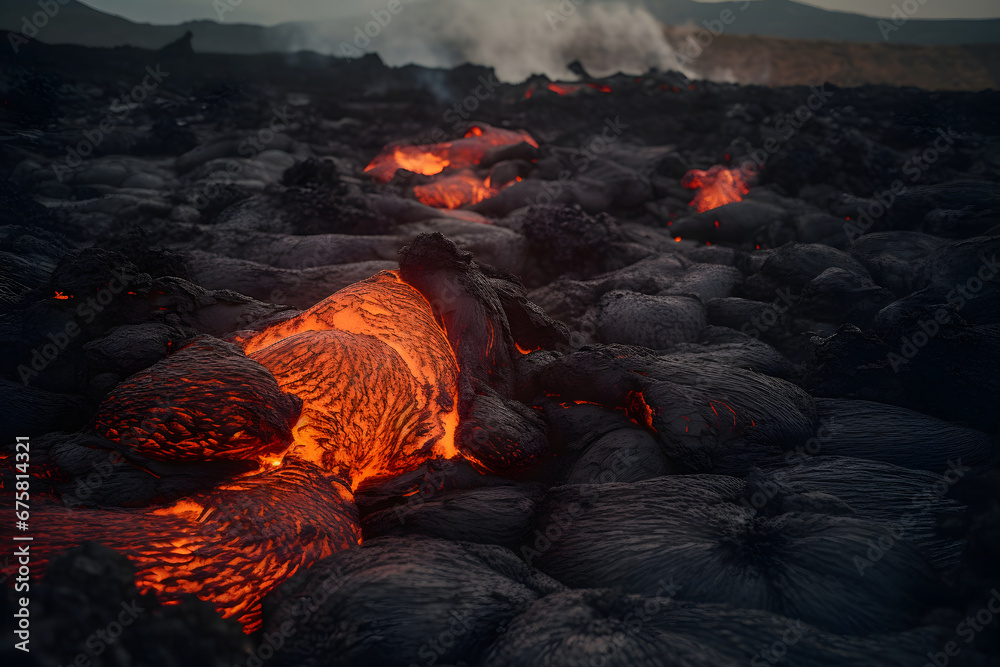 Lava was in the cracks of the earth to view the texture of the glow of ...