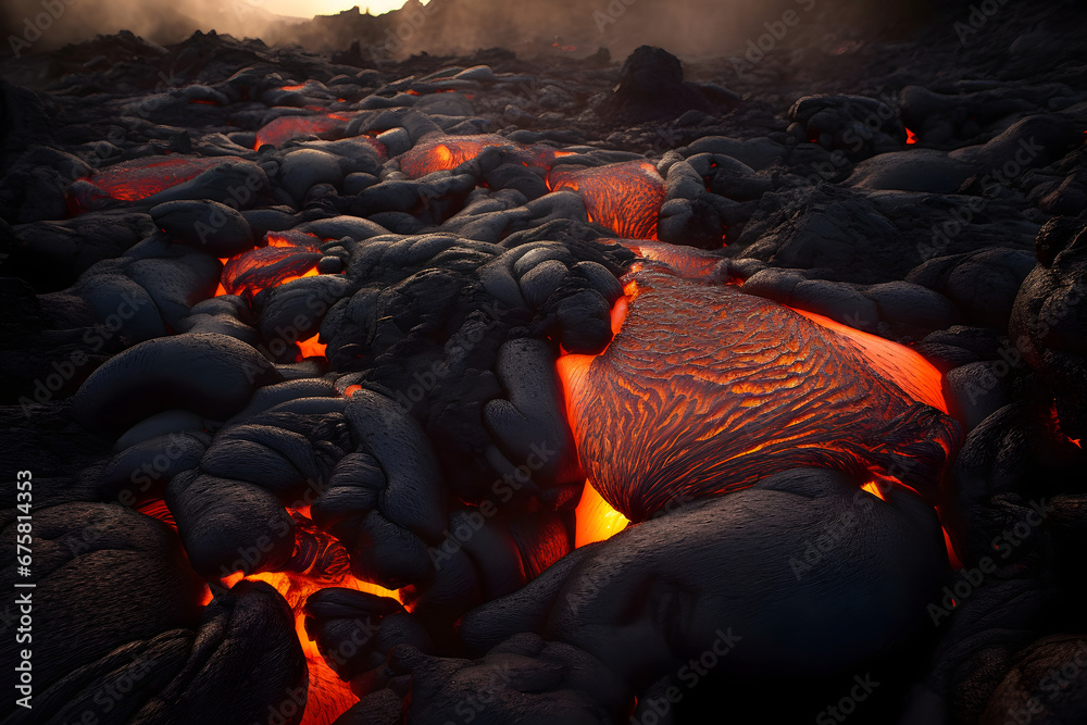 Lava was in the cracks of the earth to view the texture of the glow of ...