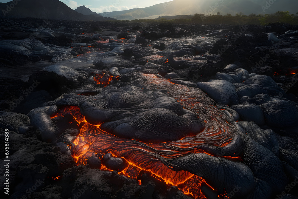 Lava was in the cracks of the earth to view the texture of the glow of ...