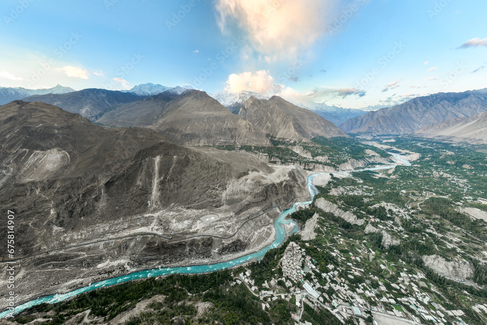 Beautiful panorama view of Hunza Valley with azure river and Rakaposhi ...