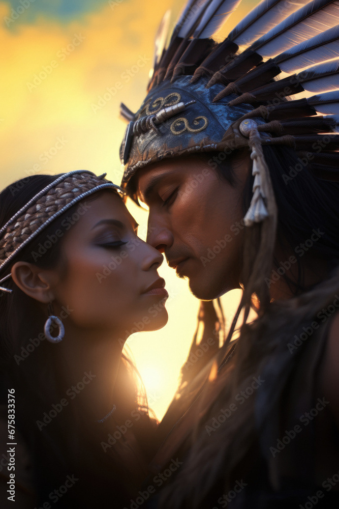 Native American Indigenous Young Couple in Love - Traditional Tribal ...