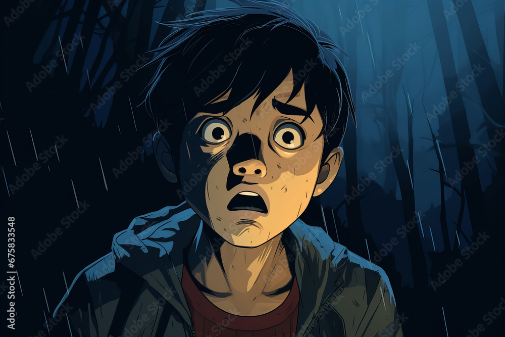 Chinese boy is scared, anime style image, facial expression with fear ...