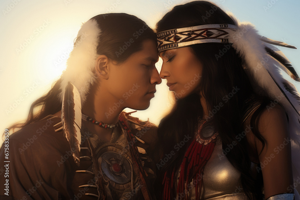 Native American Indigenous Young Couple in Love - Traditional Tribal ...