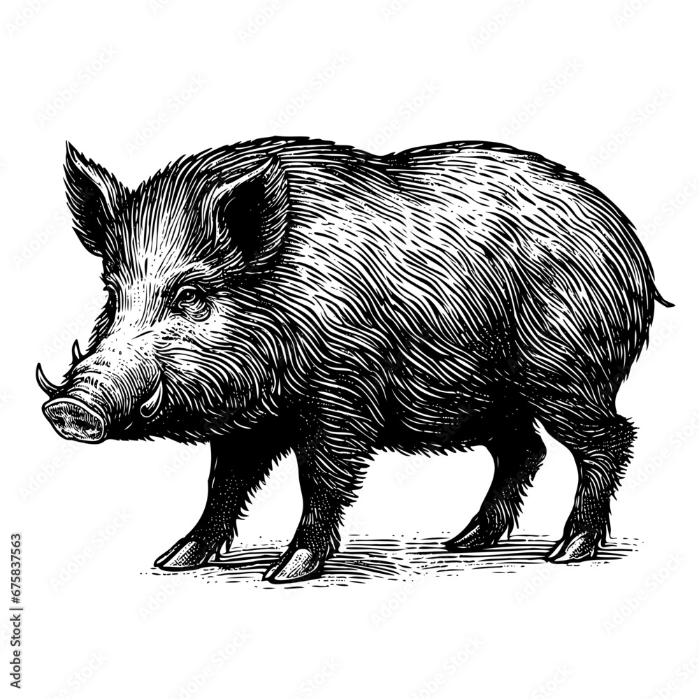 Wild boar, hand drawn sketch on isolated background. Vintage engraving ...