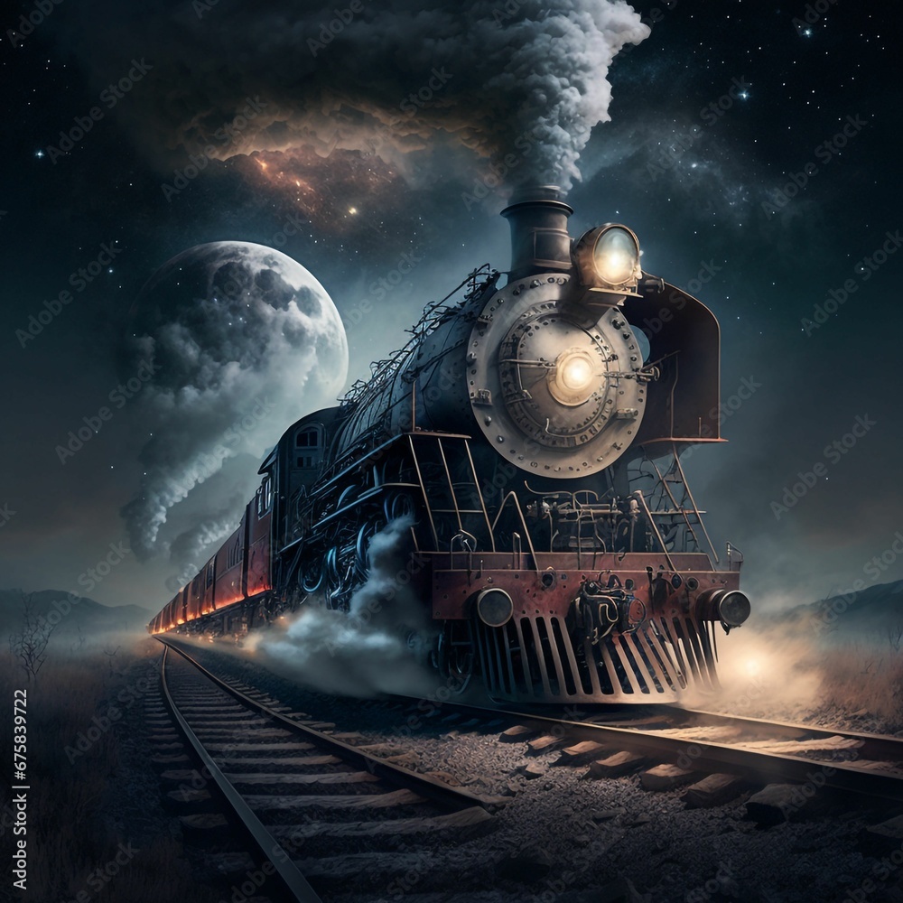 AI generated illustration of a fantasy train in the steampunk style on ...