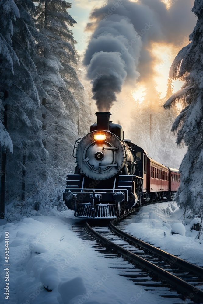 Historic steam locomotive. Old vintage train ride in the snowy forest ...