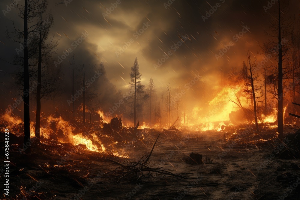 Forest fire burning with a lot of smoke at night. Wildfire. Heatwave ...