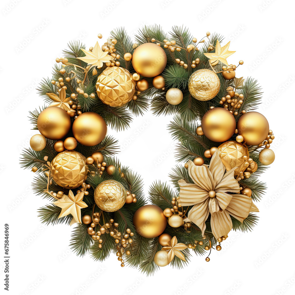 Corona de navidad con decoraciones en tonos dorados y verdes, sobre ...