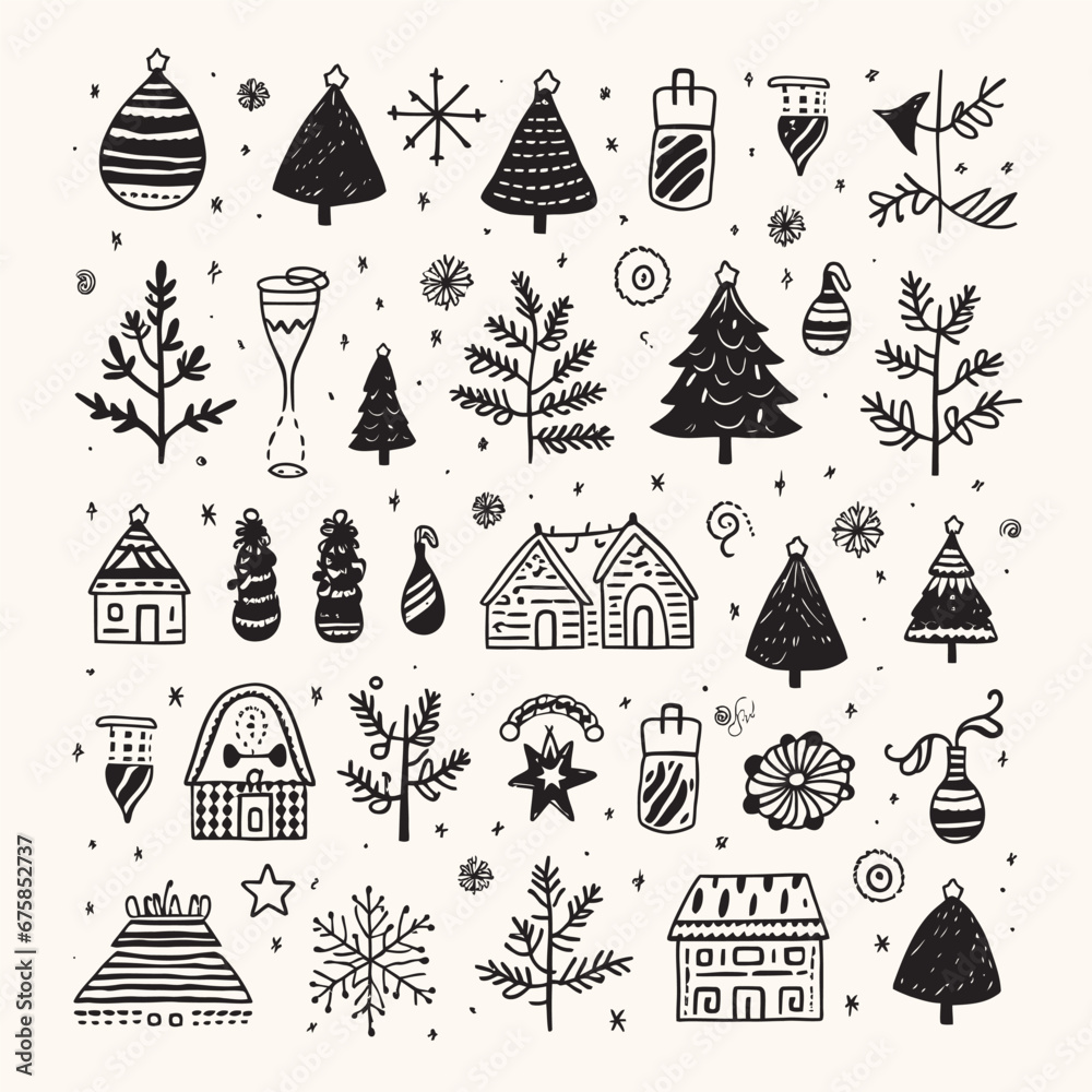 Vector black doodle christmas symbols clipart on white background Stock ...