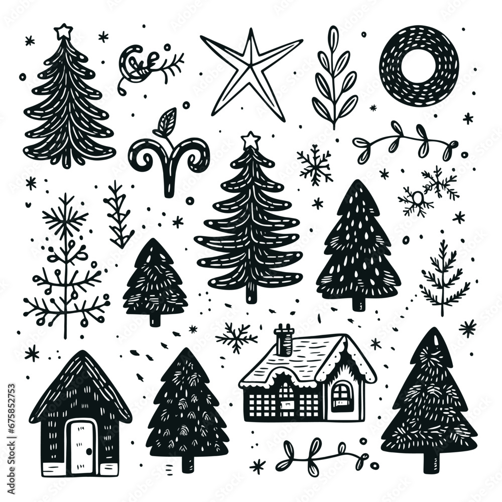 Vector black doodle christmas symbols clipart on white background Stock ...