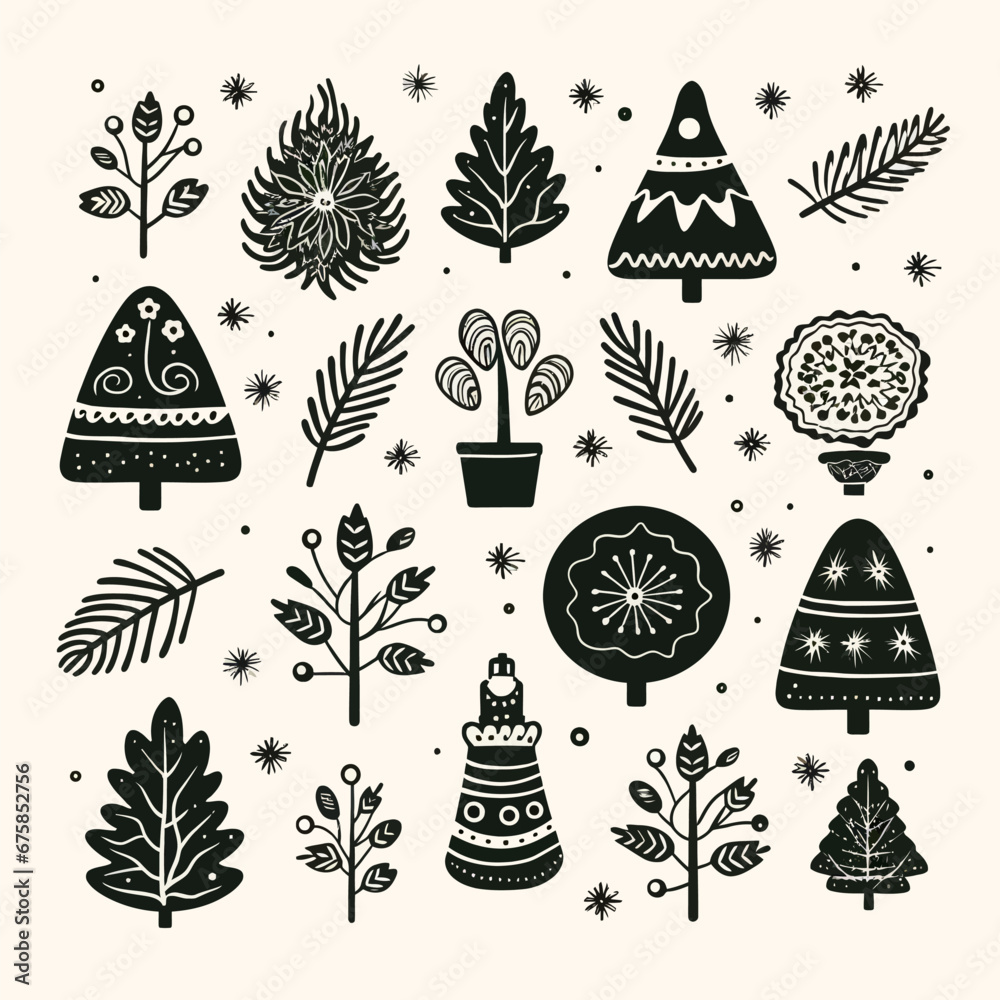 Vector black doodle christmas symbols clipart on white background Stock ...