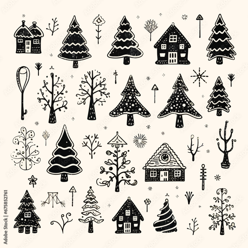 Vector black doodle christmas symbols clipart on white background Stock ...