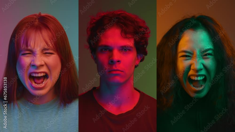 Portraits of People Screaming on Camera in Neon Color Light of Closeup ...